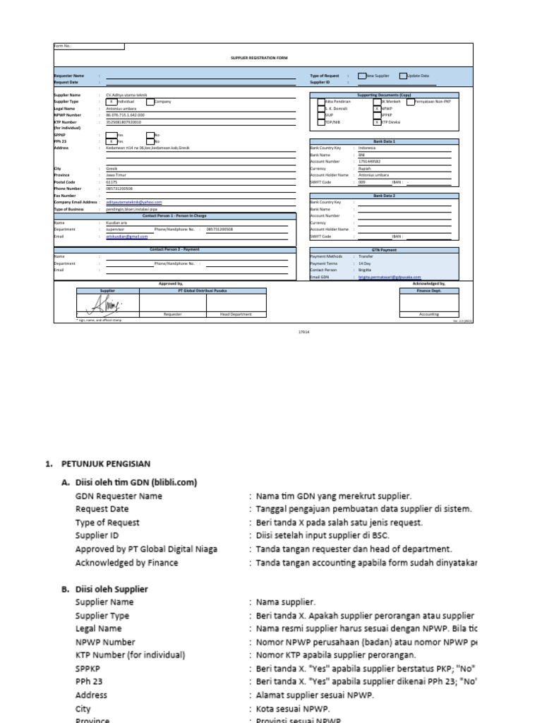 Form Supplier Registration Form - GDP | PDF | Written Communication | Money