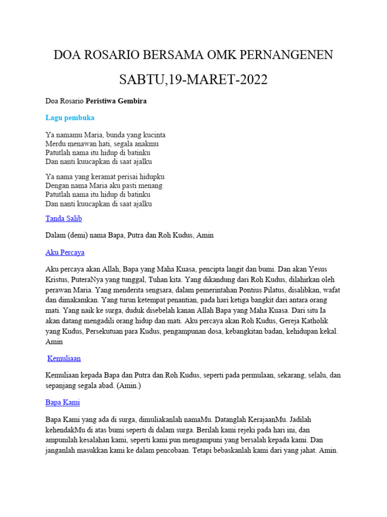 Doa Rosario Bersama Omk 19-03-2022 | PDF