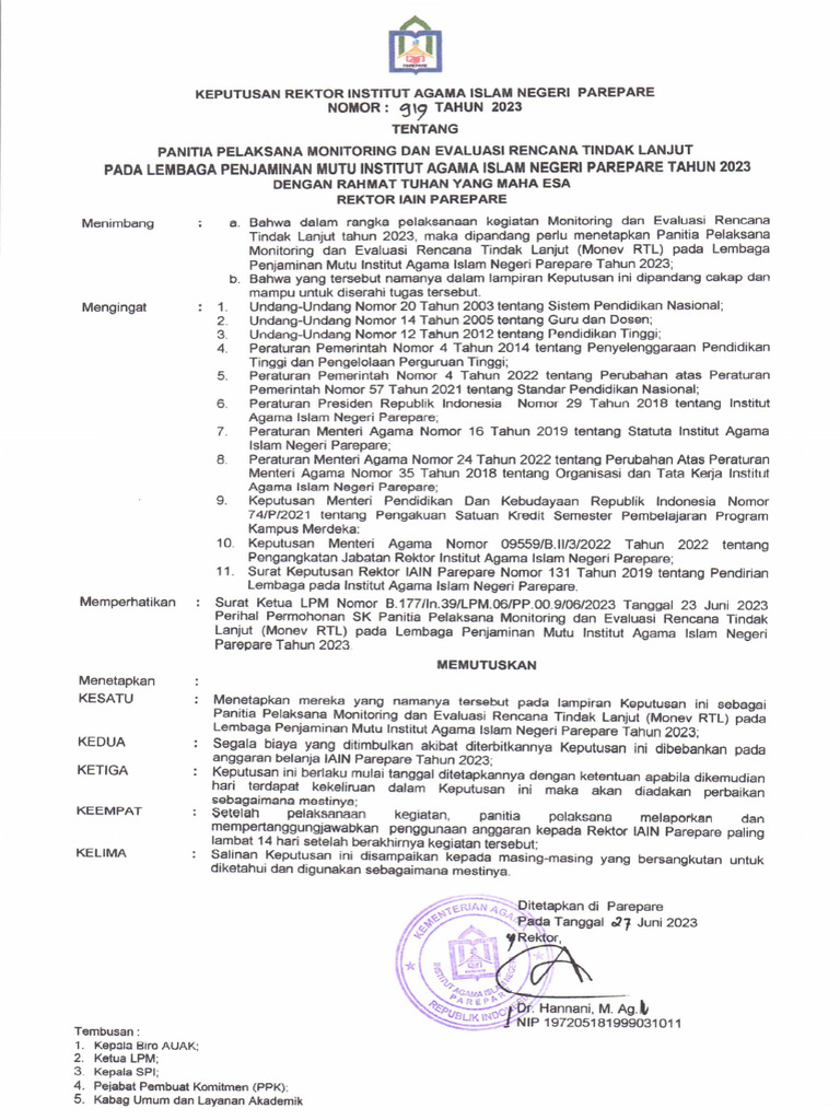 SK LPM Panitia Monitoring Dan Evaluasi Rencana Tindak Lanjut0013 | PDF