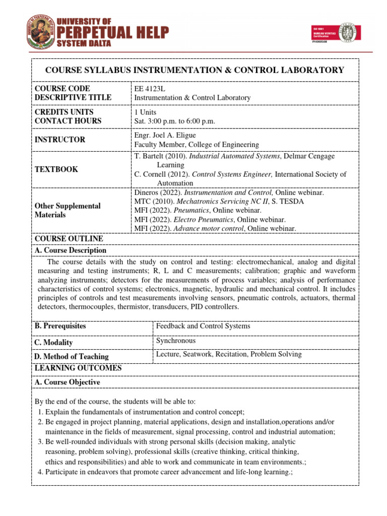 Course Syllabus Instrumentation Control Lab. | PDF | Flow Measurement | Instrumentation