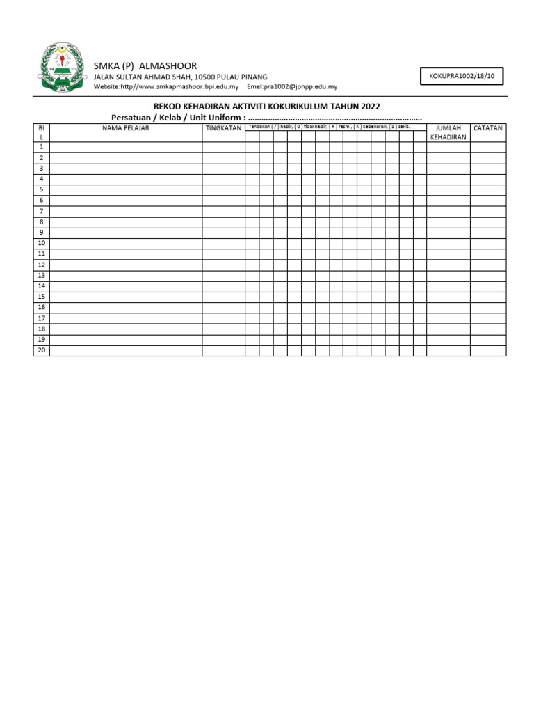 0.10 Borang Kehadiran Pelajar 2022 | PDF