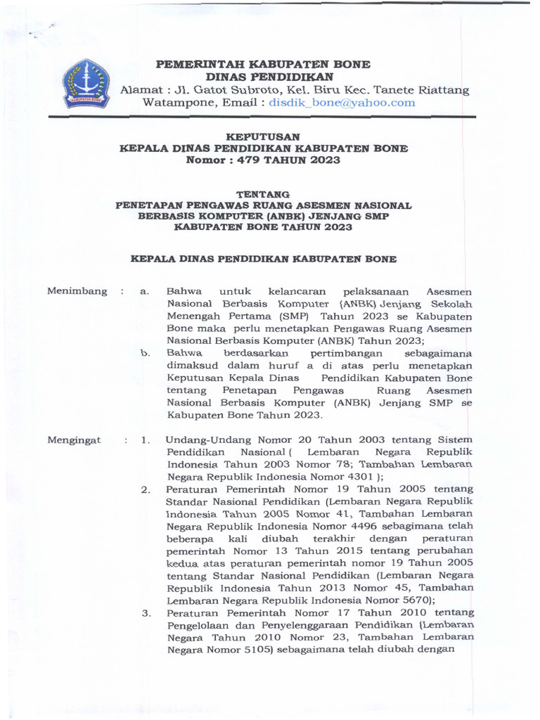 SK Penetapan Pengawas Ruang Anbk 2023 | PDF