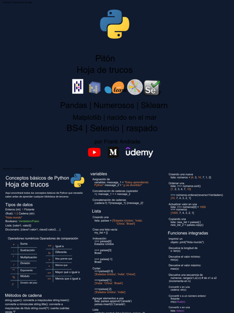 Guía Rápida de Python y Pandas | PDF | Python (lenguaje de programación) | Matriz (Matemáticas)