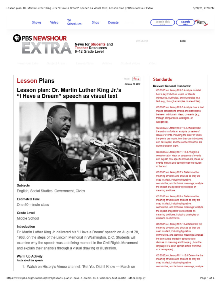 Lesson Plan - Dr. Martin Luther King Jr.'s "I Have A Dream" Speech As ...