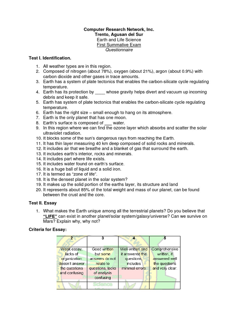 1st Summative Earth and Life Science | PDF