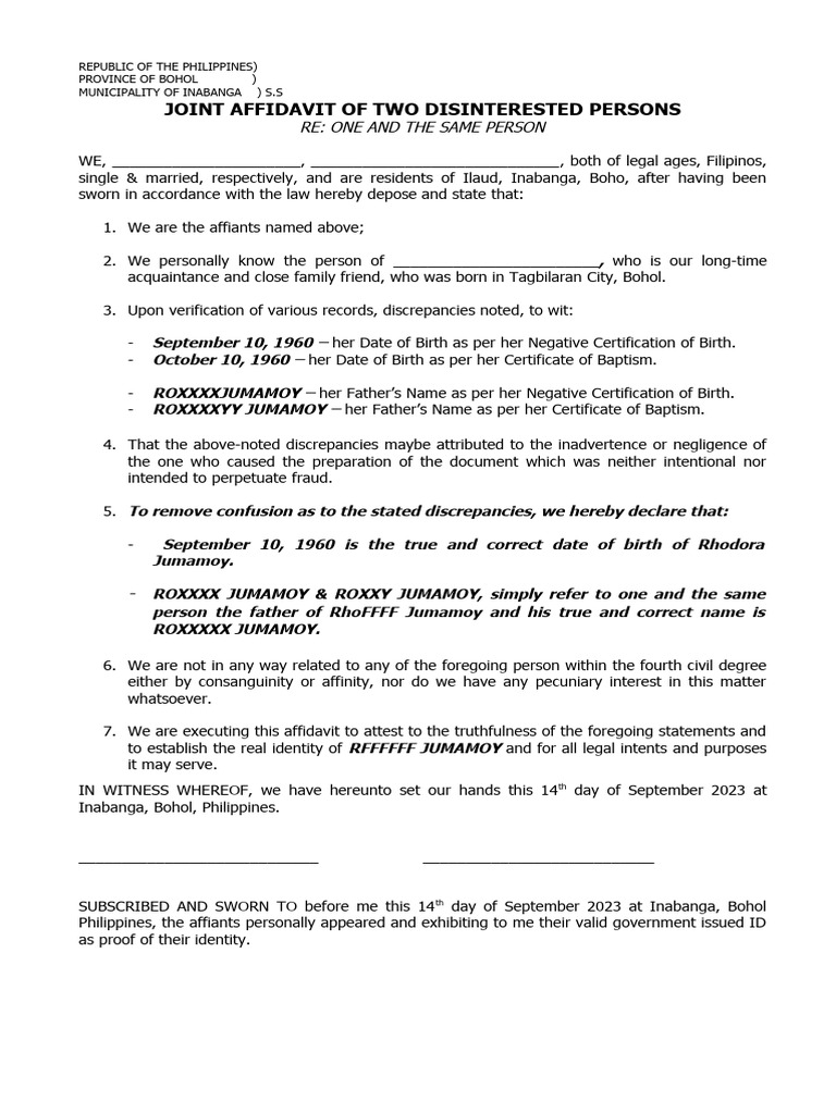 Joint Affidavit of Two Disinterested Persons S4 | PDF | Affidavit ...