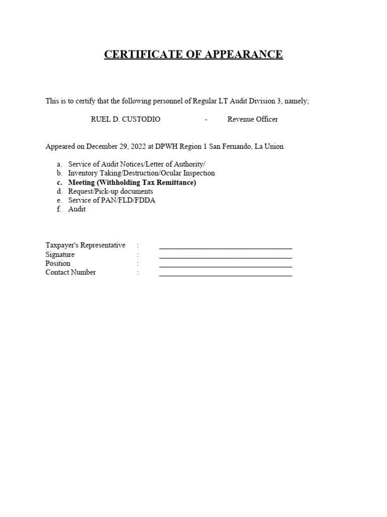 Certificate of Appearance - DPWH | PDF | Economy Of The United States ...