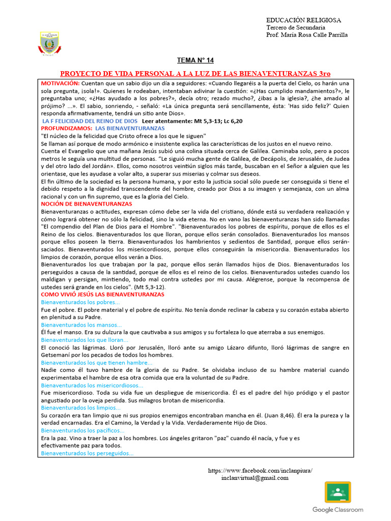 TEMA #14 - 3ro Sec. Mi Proyecto de Vida | PDF | Bienaventuranzas | Jesús