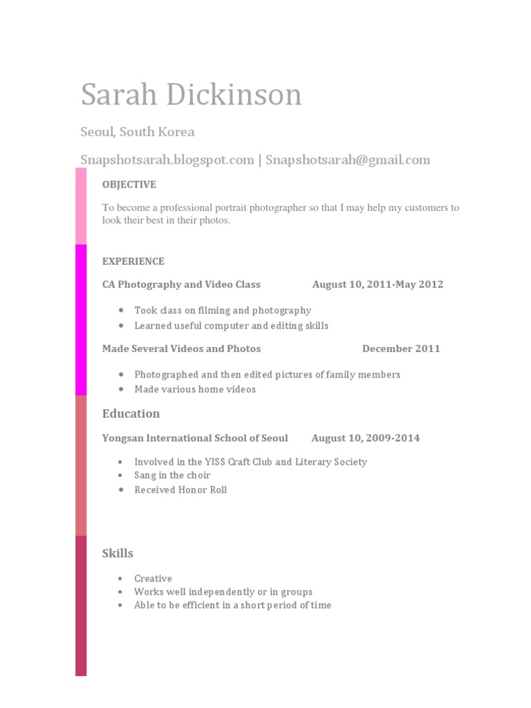 Aspiring Portrait Photographer Resume | PDF