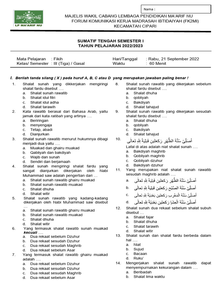 Soal Fikih Kelas 3 PTS Gasal 2022-2023 | PDF