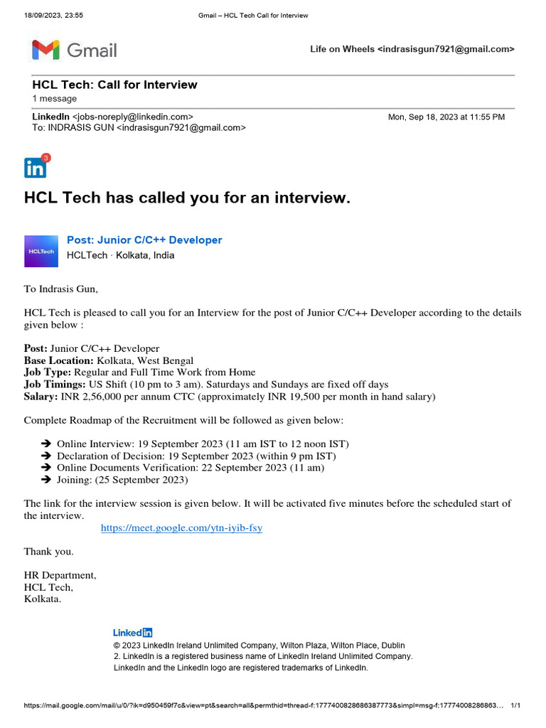 Gmail - HCLTech - Called For Interview | PDF