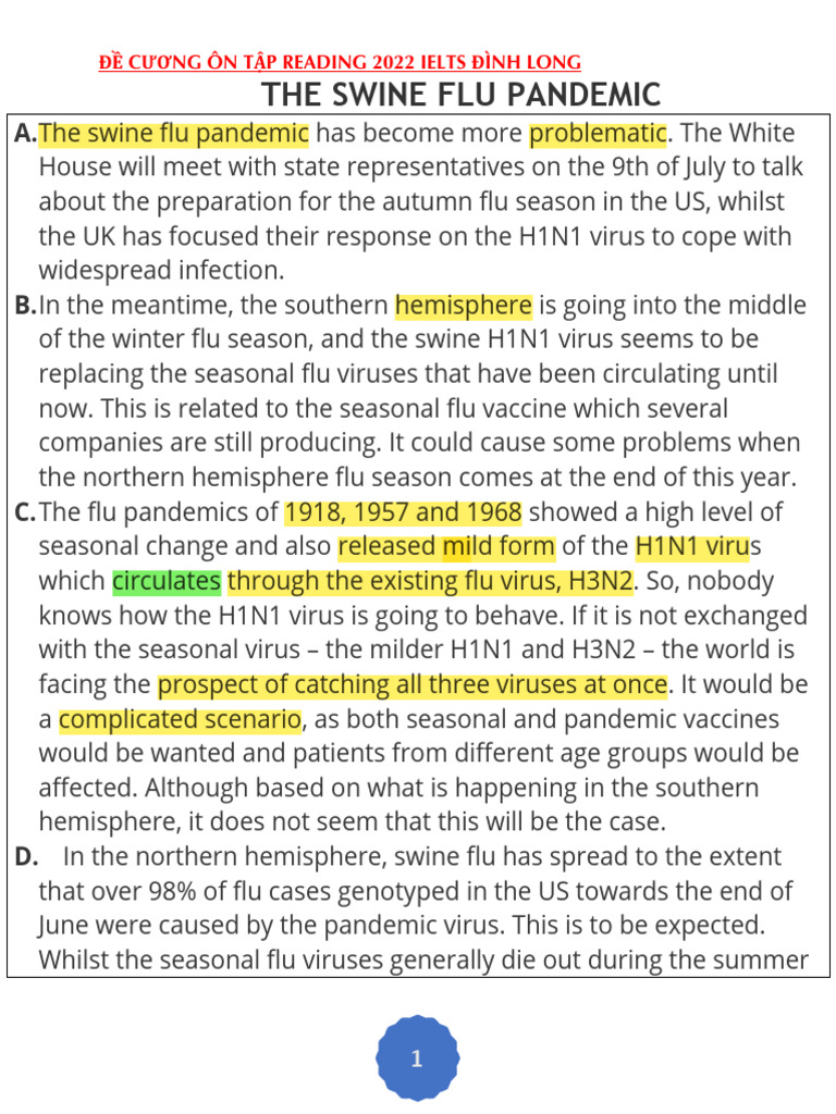 The Swine Flu Pandemic: Đề Cương Ôn Tập Reading 2022 Ielts Đình Long | PDF | Moon | Influenza