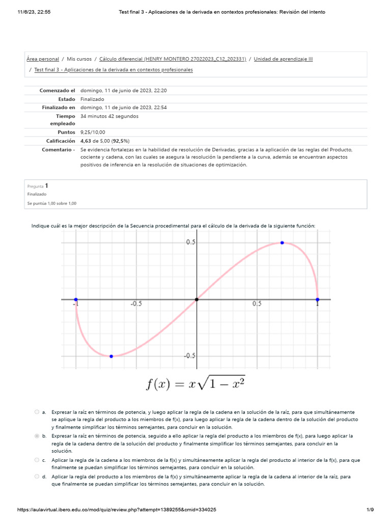 Test Final 3 Calculo Diferencial - Aplicaciones de La Derivada en ...