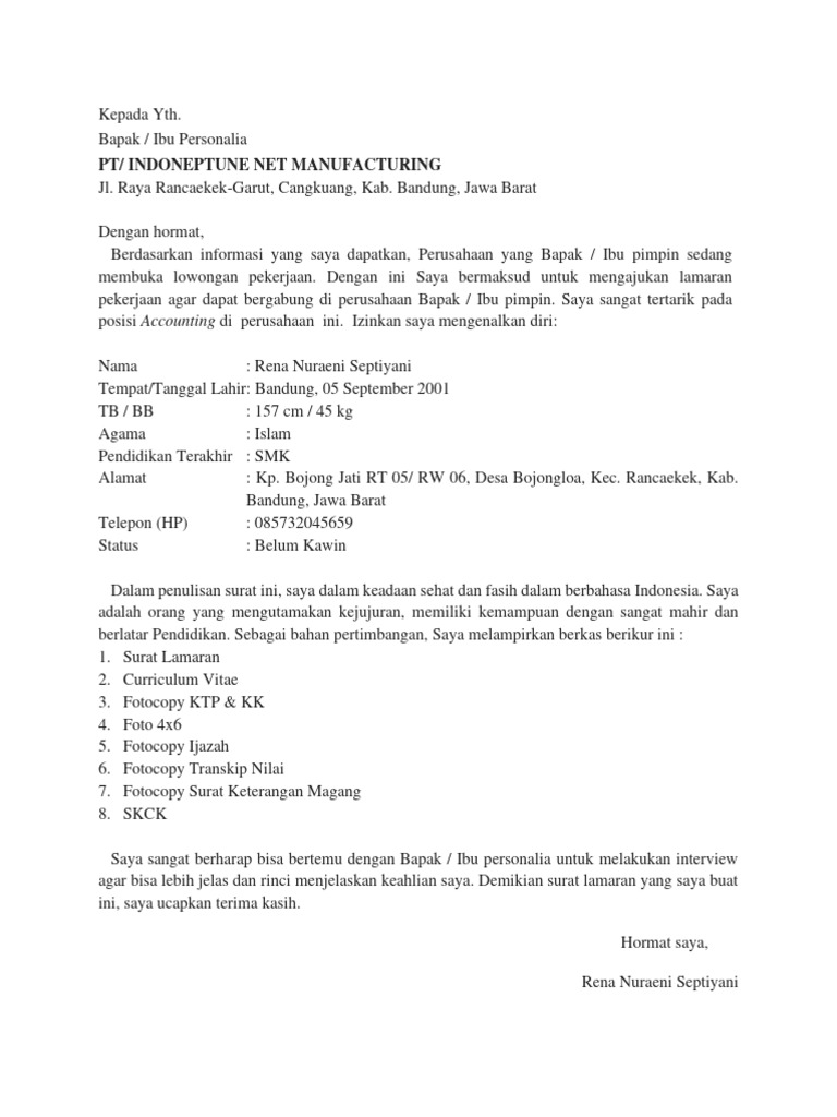 Surat Lamaran - Rena Nuraeni Septiyani | PDF | Karier & Perkembangan ...