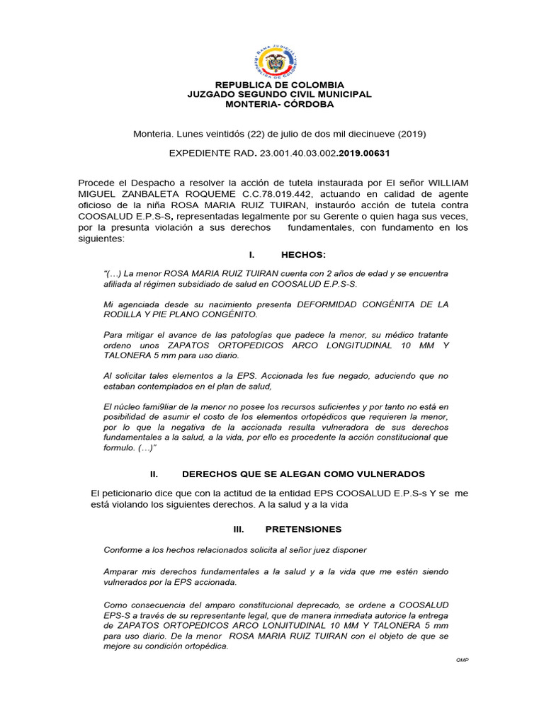 2019-00631sentencia Tutela Salud Zapatos Ortopedico | PDF | Invalidez ... 2019-00631sentencia Tutela Salud Zapatos Ortopedico | PDF | Invalidez ...