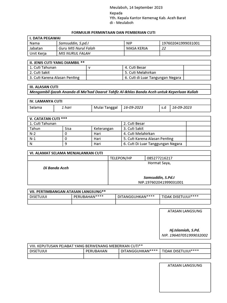 Contoh Permohonan Cuti Kementerian Agama | PDF
