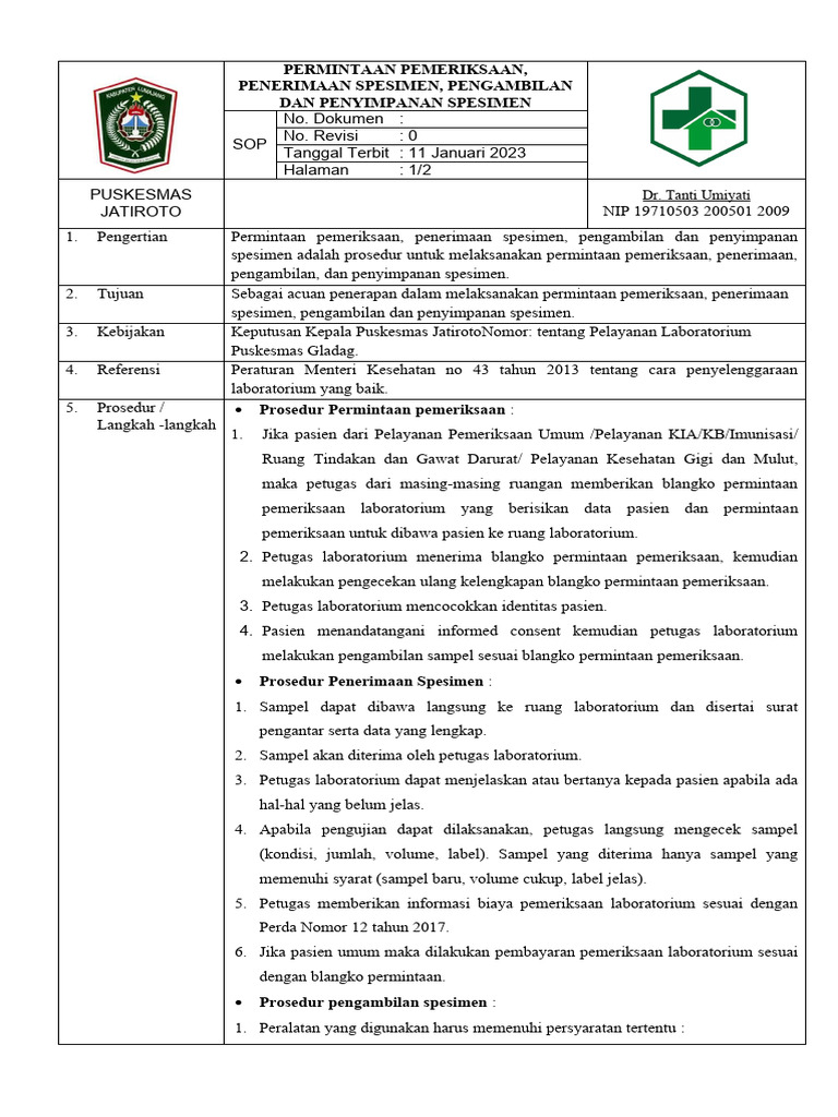 SOP Permintaan Pemeriksaan, Penerimaan, Pengambilan, Penyimpanan Spesimen MB Tias | PDF ...