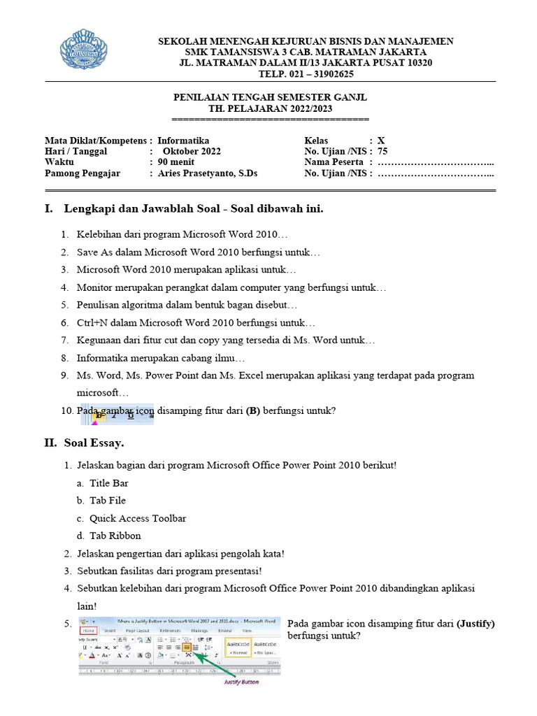 Format Lembar Soal PTS Ganjil Informatikaa1 | PDF