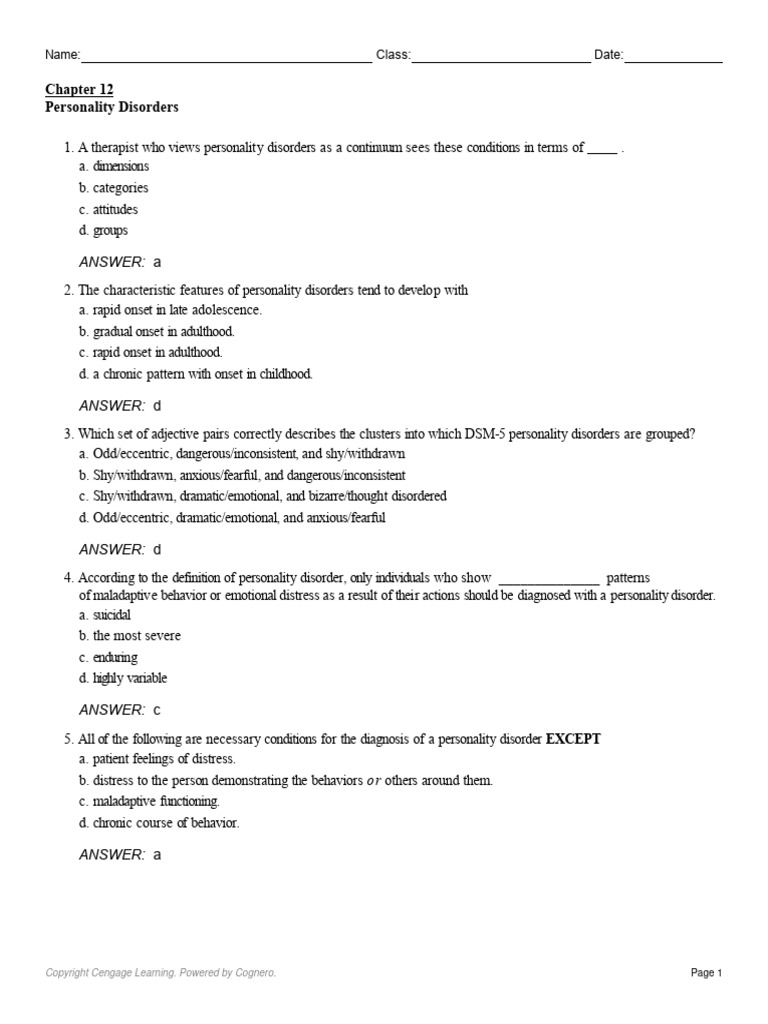 Test Bank Disorders | PDF | Personality Disorder | Borderline ...