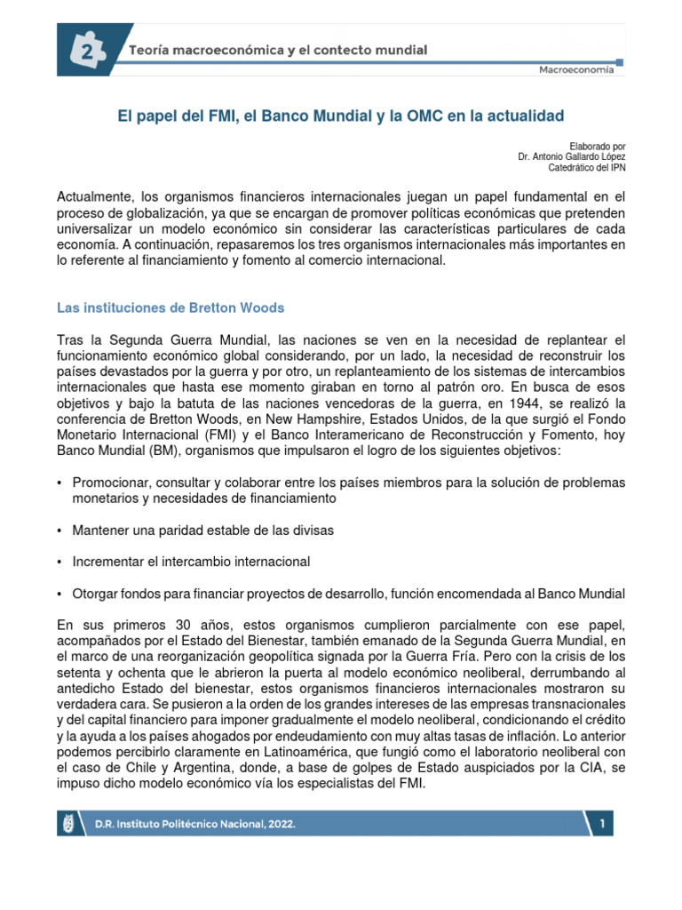 Me Ut2 l2 El Papel Del Fmi El BM La Omc en La Actualidad | PDF | Fondo Monetario Internacional ...
