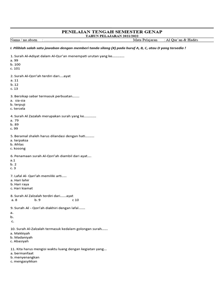 Soal UTS Qurdis Kelas 2 Semester 2 | PDF