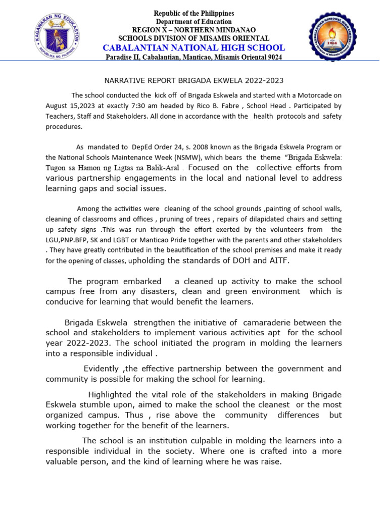 Narrative Report Brigada Skwela 2021-2023 | PDF