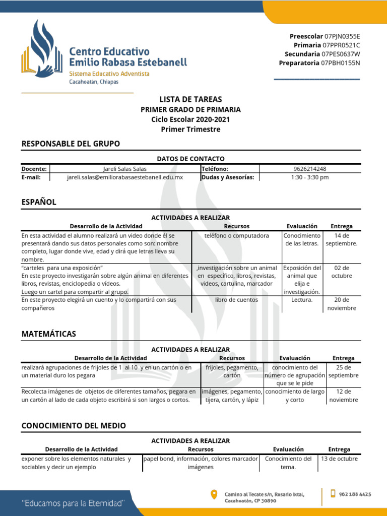 Prim 1° - 1 Trim - Lista de Tareas | PDF