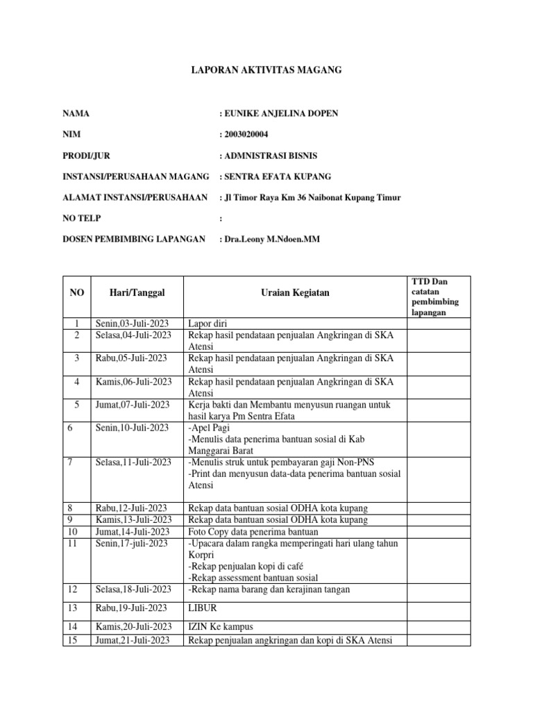 Eunike Laporan Aktivitas Magang Bulan Juli | PDF