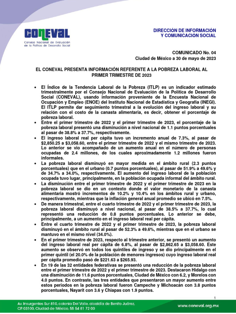 Comunicado Itlp Primer Trimestre 2023 | PDF | Pobreza | Pobreza e indigencia