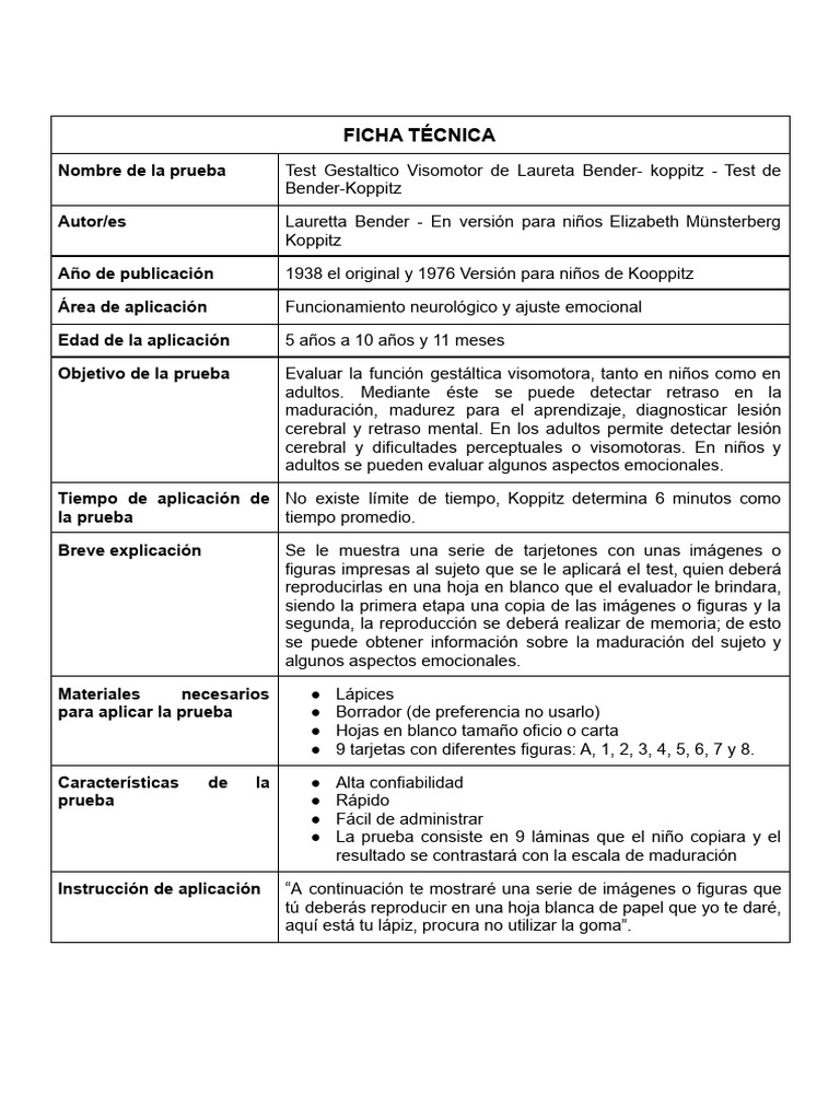 Ficha Técnica Bender | PDF | Ciencias del comportamiento | Psicología cognitiva