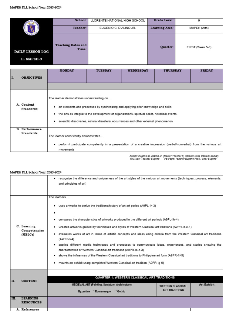 Q1 DLL MAPEH 9 - Arts 2 | PDF | Medieval Art | Gothic Architecture
