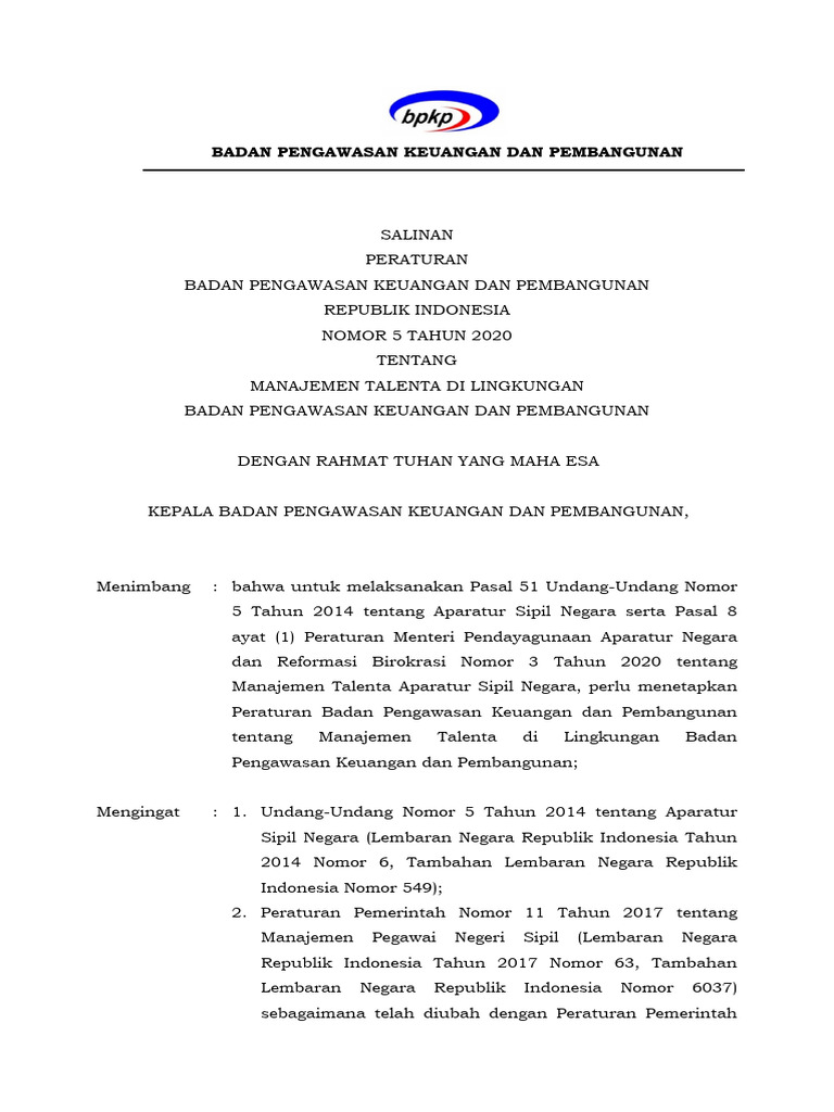 Peraturan BPKP No. 5 Tahun 2020 | PDF