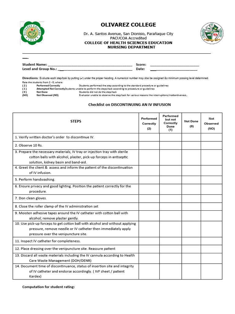 Discontinuing An Iv Infusion Checklist | PDF | Intravenous Therapy ...