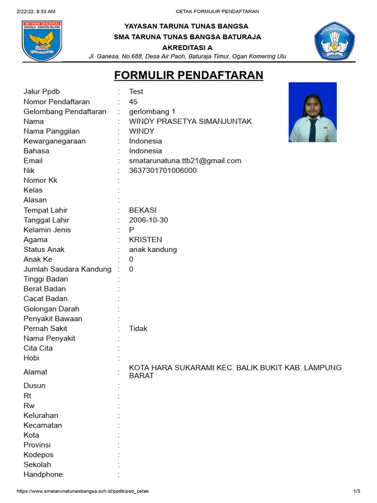 Cetak Formulir Pendaftaran Windy P Simanjuntak | PDF