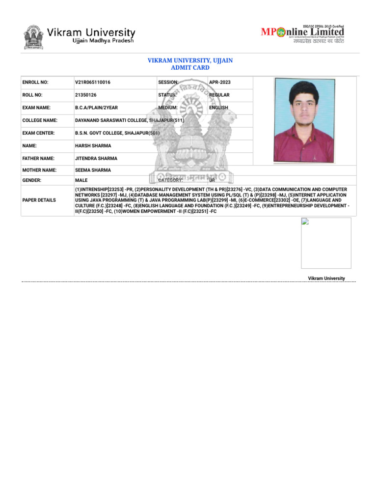 Admit Card 2year | PDF