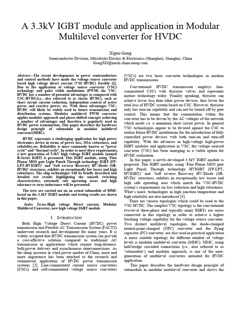 A 3.3kV IGBT Module and Application in Modular Multilevel Converter For HVDC | PDF | High ...
