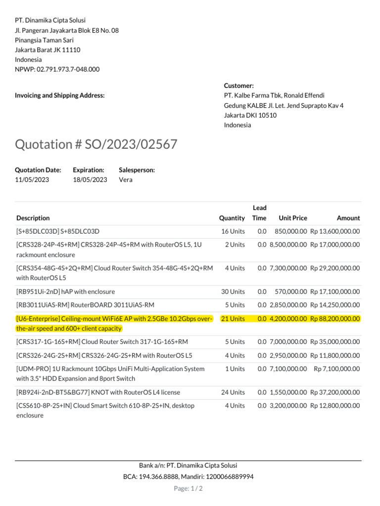 Quotation - SO - 2023 - 02567 | PDF | Banking | Banks