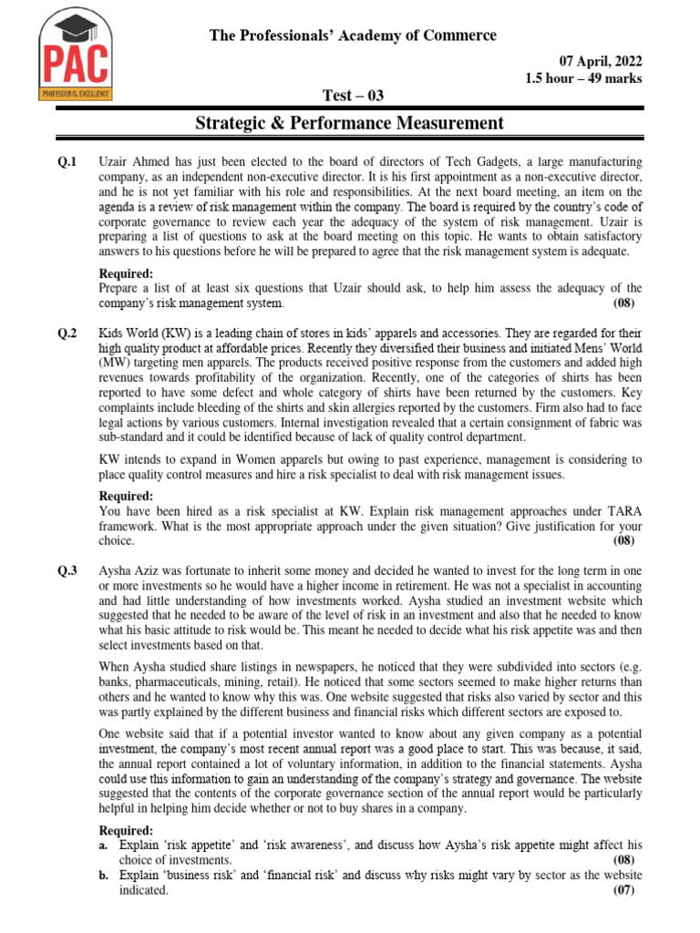 SPM Test-3 Q. Paper (CH 8 To 10) Final | PDF | Risk | Investing