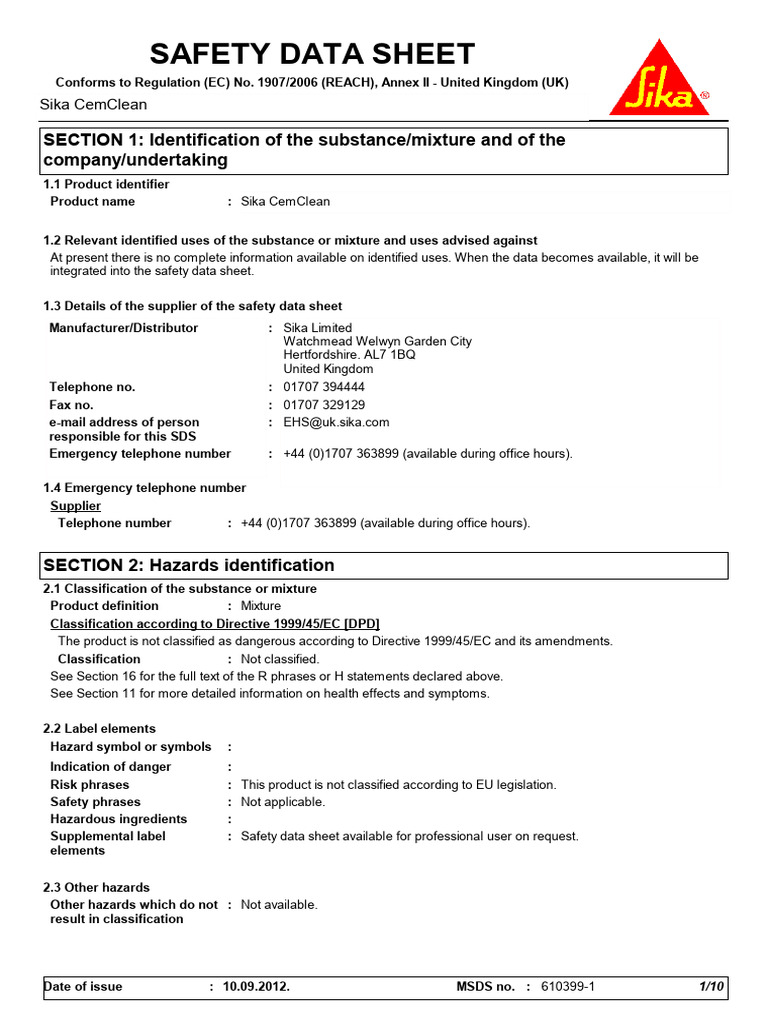 MSDS UK Sika CemClean | PDF | Environmental Science | Toxicology