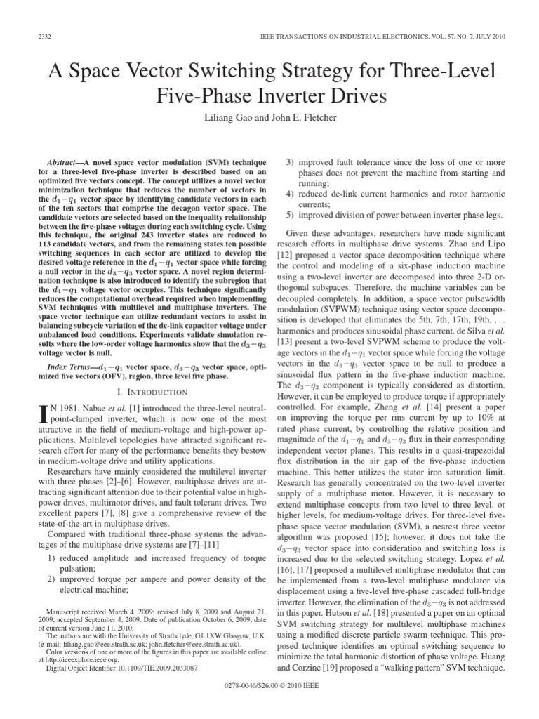 A Space Vector Switching Strategy For Three Level Five Phase Inverter Drives Pdf Power