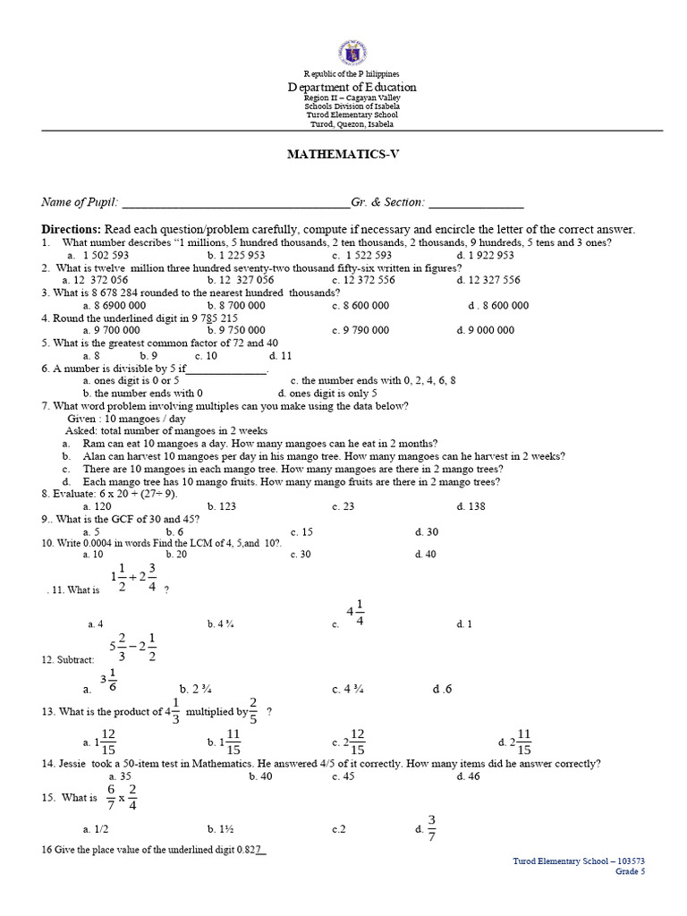 Grade 5 Mathematics Diagnostic Test | PDF | Volume | Spreadsheet