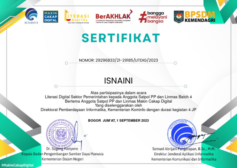 Sertifikat Literasi Digital - ISNAINI | PDF