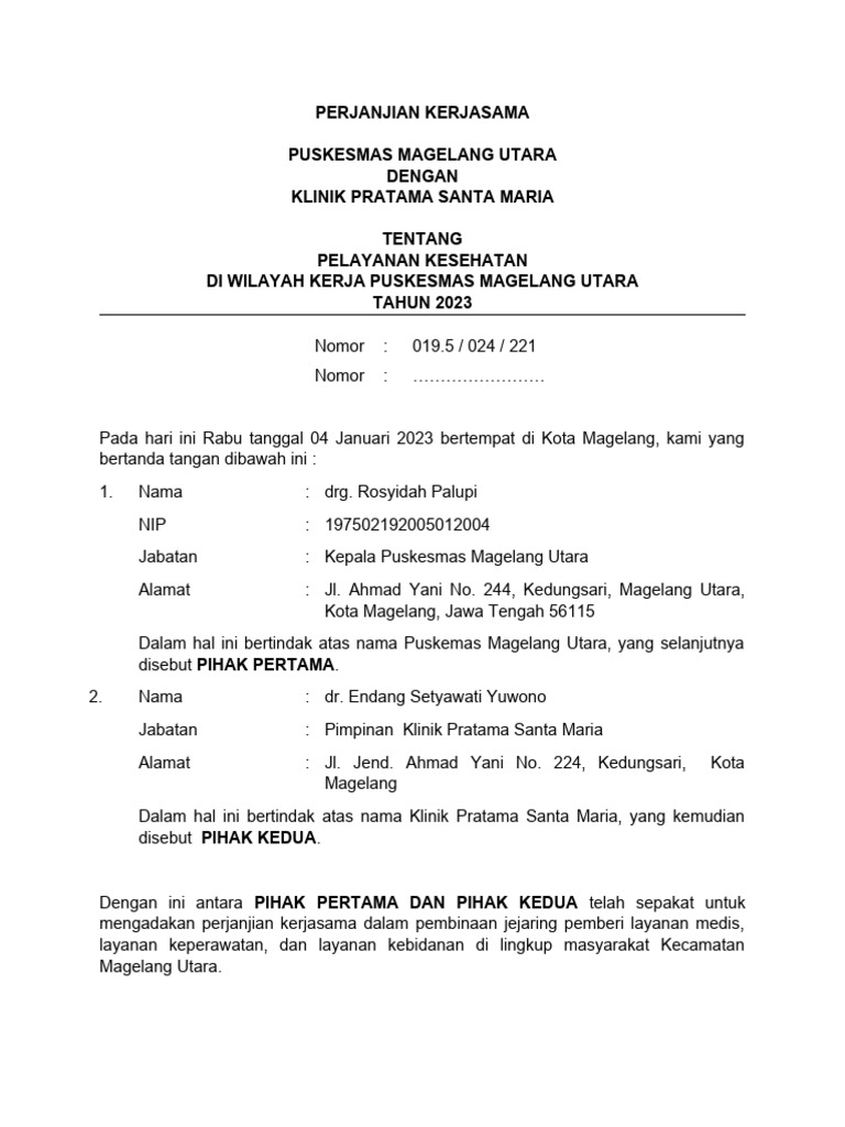Perjanjian Kerjasama Puskesmas Klinik Santa Maria Pdf