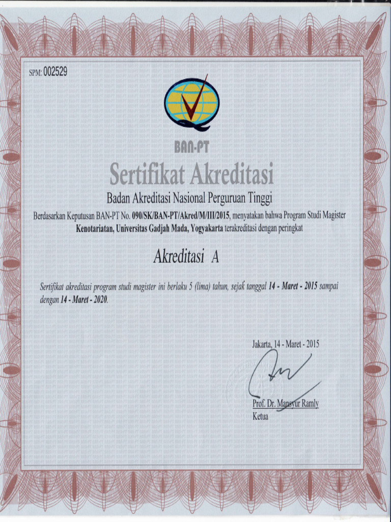 Sertifikat BAN PT Program Studi S2 Magister Kenotariatan FH UGM | PDF Sertifikat BAN PT Program Studi S2 Magister Kenotariatan FH UGM | PDF