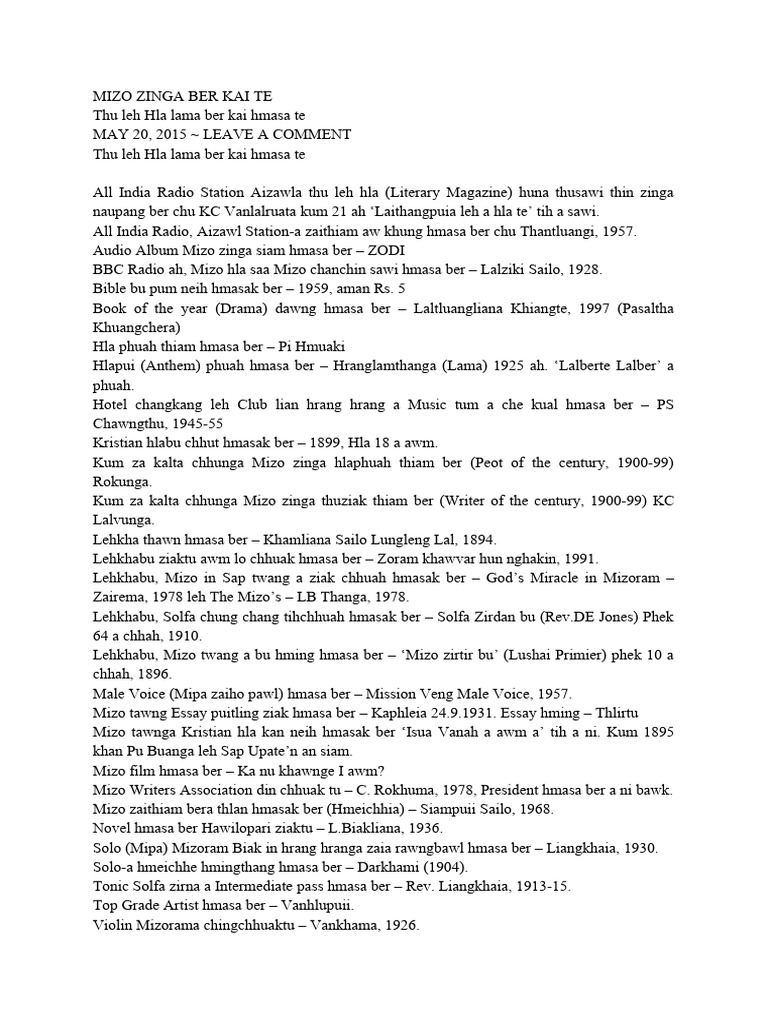 Mizo Zinga Ber Kai Te | PDF | South Asia