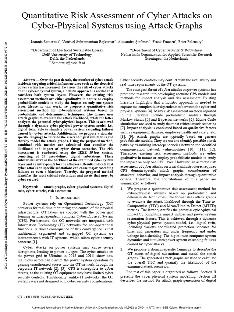 Quantitative Risk Assessment of Cyber Attacks On Cyber-Physical Systems Using Attack Graphs ...