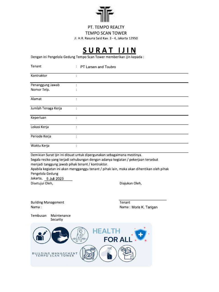 Form Surat Ijin Kerja TST (Update Juni 2023) - Filled LNT | PDF