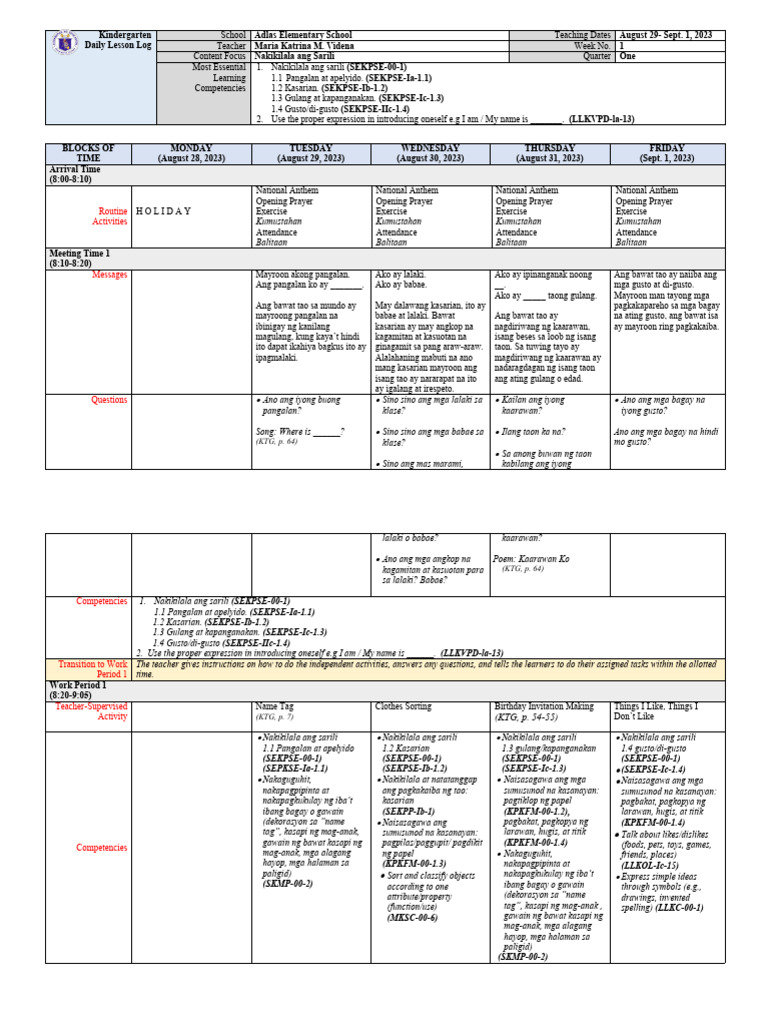 Kindergarten DLL MELC Q1 Week 1 | PDF Kindergarten DLL MELC Q1 Week 1 | PDF