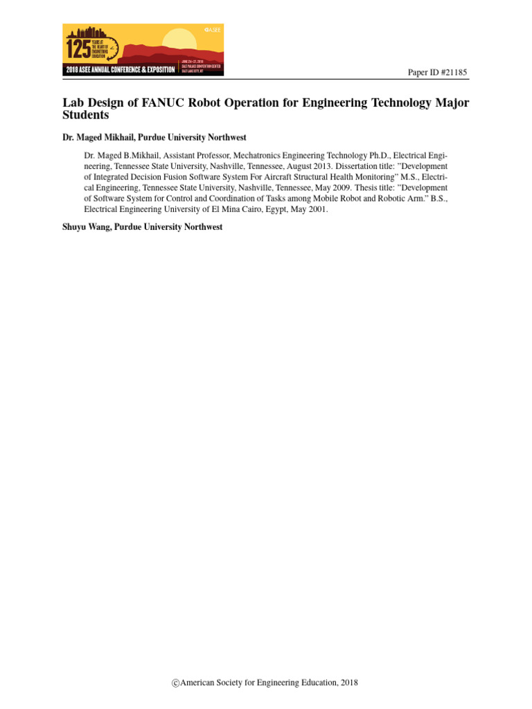 Lab Design of Fanuc Robot Operation For Engineering Technology Major ...