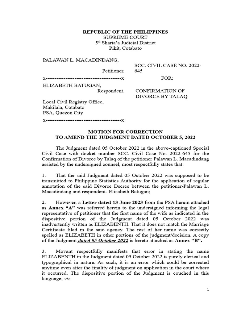 EDITED ALICE Motion Correction To Amend Final Order | PDF | Judgment ...